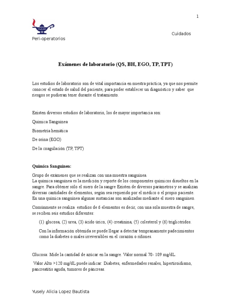 Exámenes de Laboratorio. BH, QS, EGO, TPdocx | PDF | Orina | Sangre