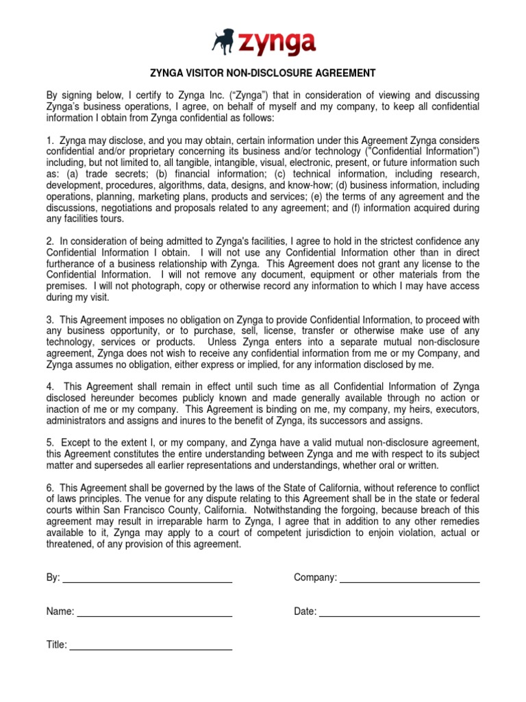 Zynga Visitor NDA | PDF | Non Disclosure Agreement | Trade Secret