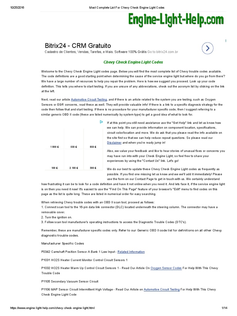 Most Complete List For Chevy Check Engine Light Codes | PDF | Ignition ...