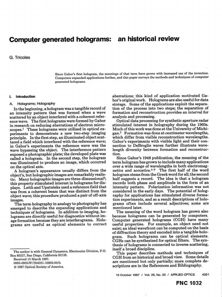 Computer Generated Holograms, An Historical Review | PDF | Holography | Optics