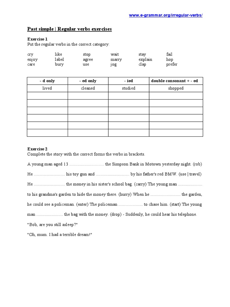 Past Simple Regular Verbs Exercises PDF | PDF