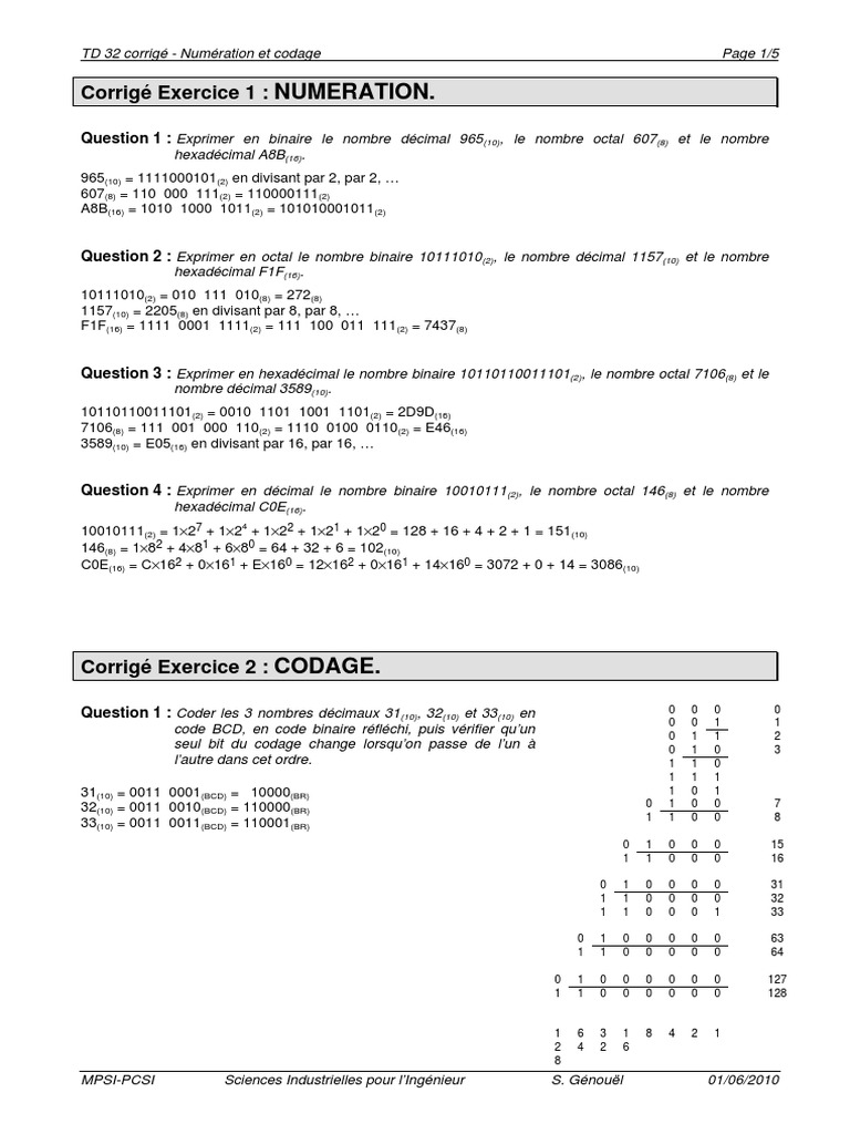 Exercice corrigé : Numération et codage | PDF | Décimal codé binaire ...
