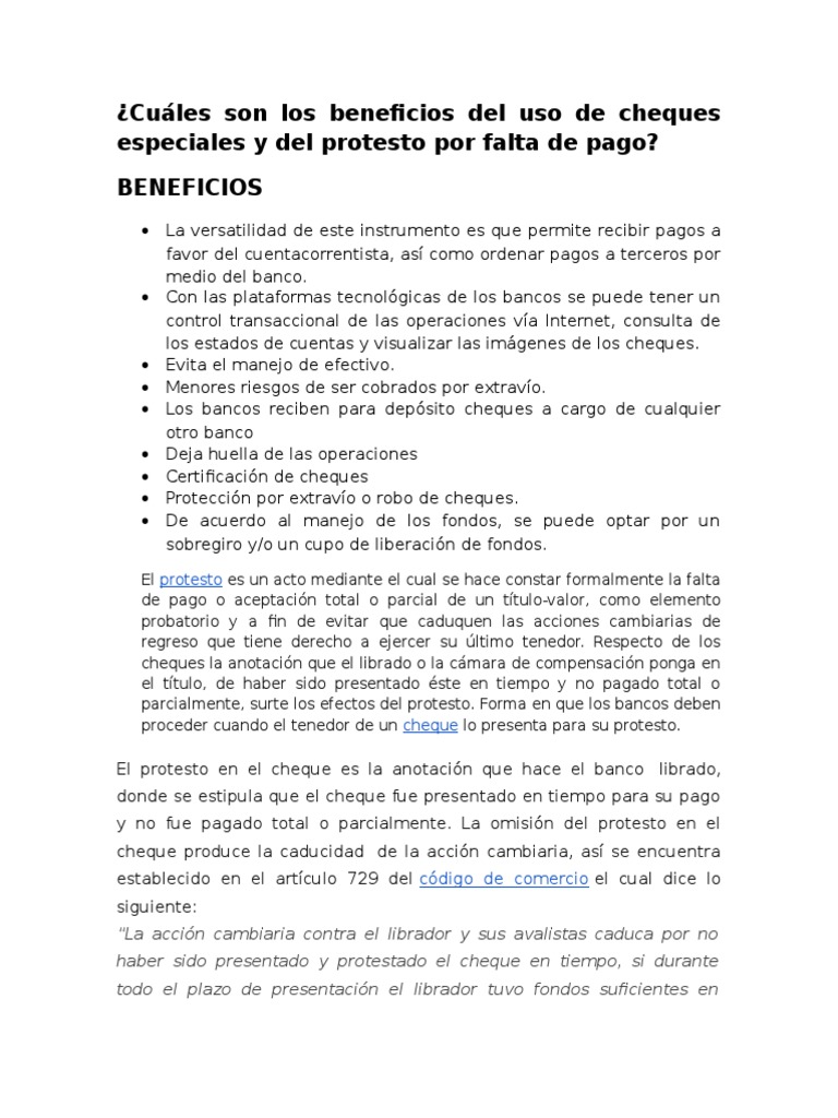 ¿Cuáles Son Los Beneficios Del Uso de Cheques Especiales y Del Protesto ...