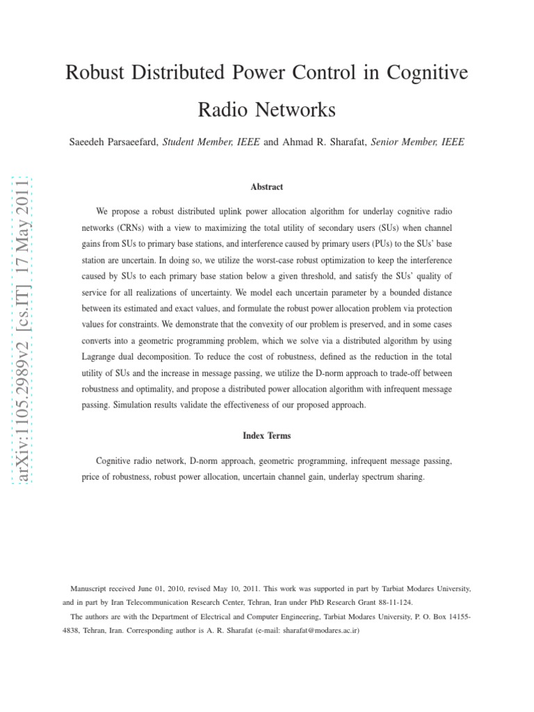 Robust Distributed Power Control in Cognitive Radio Networks | PDF | Cognitive Radio | Robust ...