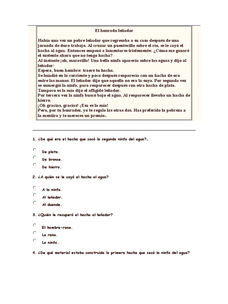 El honrado leñador: Cuento y Preguntas | PDF | Poesía