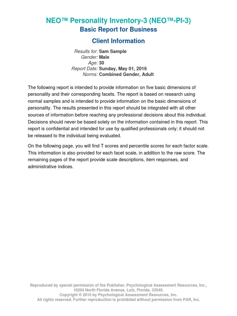 NEO PI 3 BRB Sample Report | PDF | Metaphysics Of Mind | Psychological ...