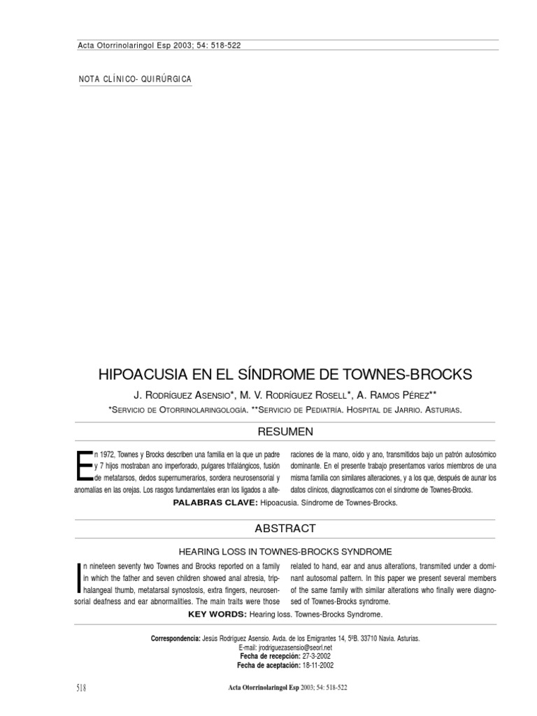 Hipoacusia en Síndrome Townes-Brocks | PDF | Nefrología | Ciencias de ...