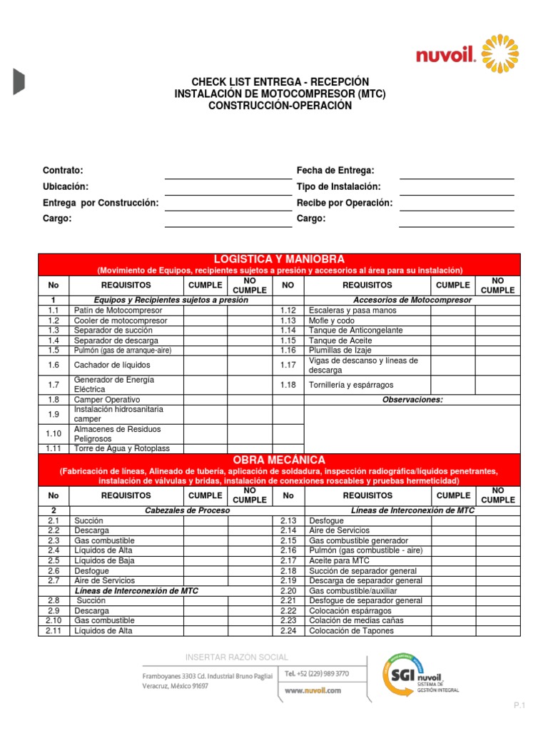 Check List Entrega-recepción de Instalaciones 3 | Tubo de vacío ...