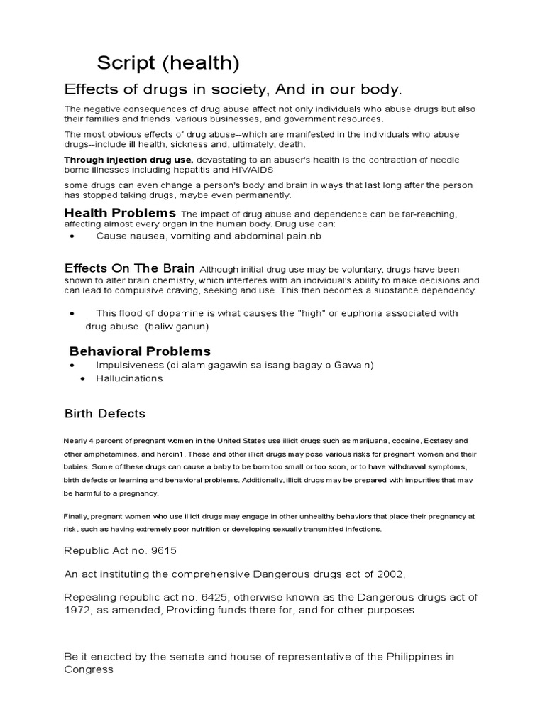 Script (Health) : Effects of Drugs in Society, and in Our Body | PDF