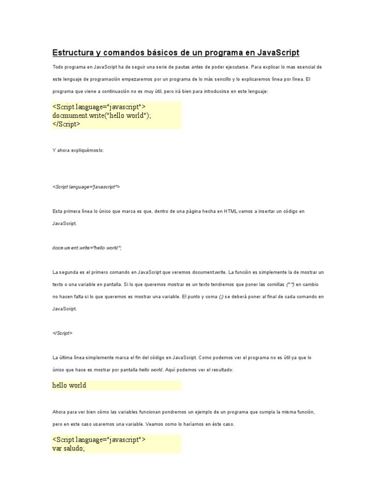 Estructura y Comandos Básicos de Un Programa en JavaScript | PDF | Script Java | Programa de ...
