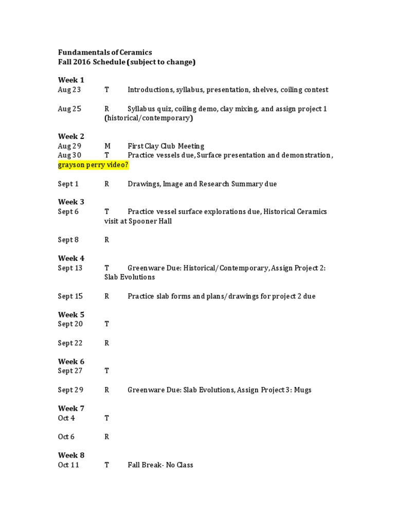 Fundamentals of Ceramics Fall 2016 Schedule (Subject To Change) Week 1 ...