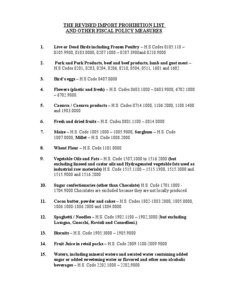 New Import Prohibition List | PDF | Textiles | Beverages