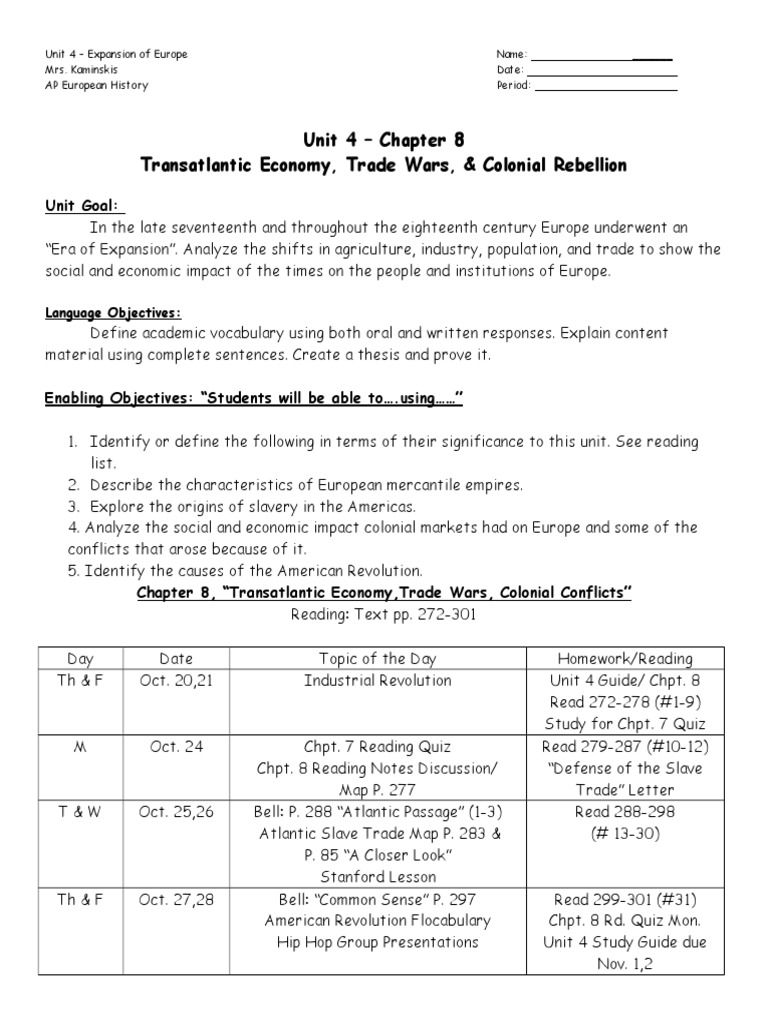 Unit 4 Guide CHPT 8 Transatlantic Economy Trade Wars and Colonial ...