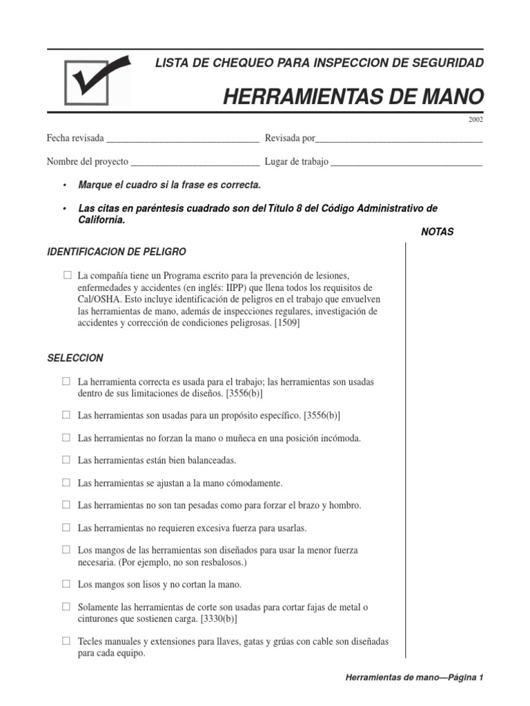Lista Chequeo Herramientas Manuales PDF | Herramientas | Equipo