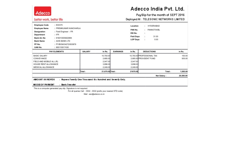 Adecco India Pvt. LTD.: Payslip For The Month of Sept 2016 | PDF