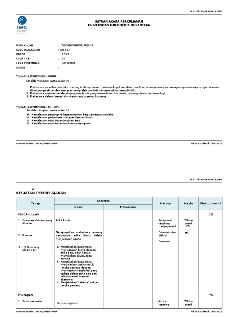 Contoh SAP Technopreneurship UWM | PDF | Seni