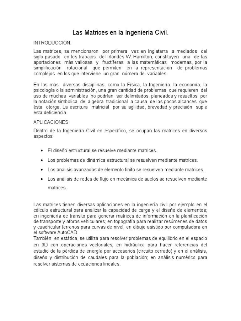 Matrices en La Ingenieria Civil | PDF | Análisis matemático | Enseñanza ...