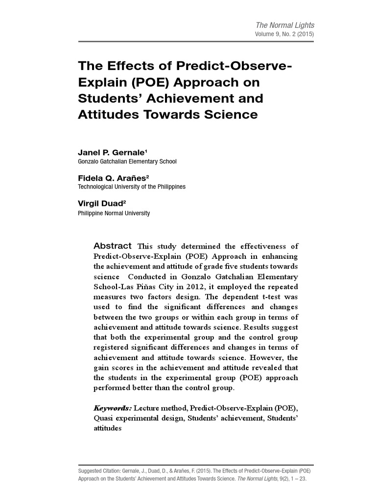 The Effects of Predict-Observe - Explain (POE) Approach On Students' Achievement and Attitudes ...