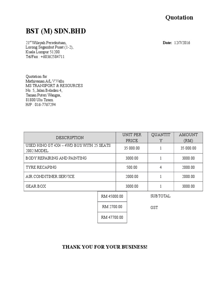 Quotation for HINO Bus Services | PDF | Business
