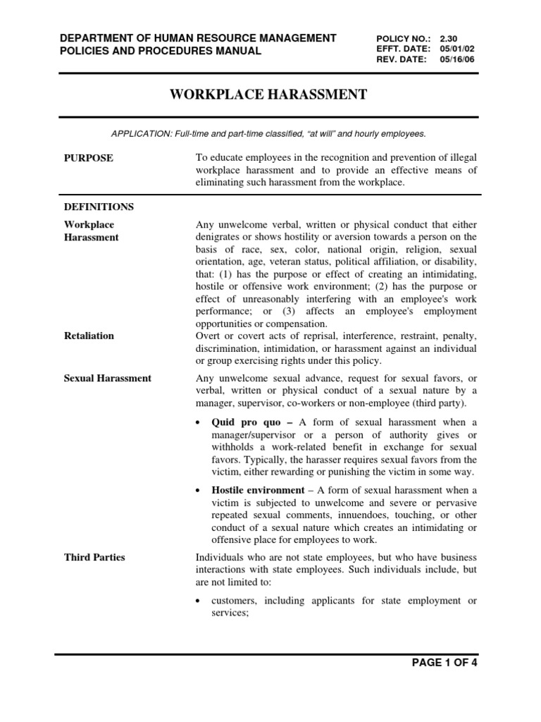 Workplace Harassment: Department of Human Resource Management Policies ...