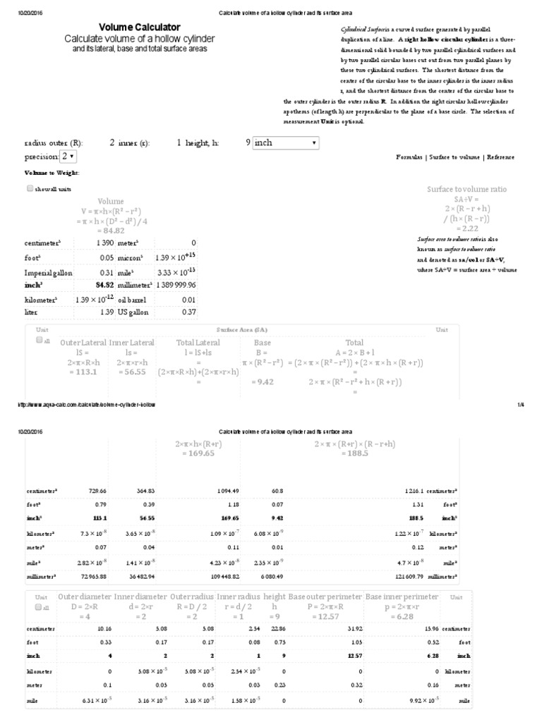 Calculate volume and surface areas of a hollow cylinder | PDF | Volume ...