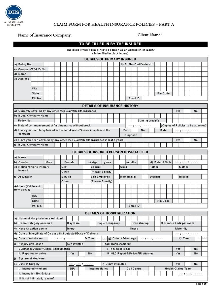 Claim Form Dhs Reimbursement | PDF | Patient | Insurance
