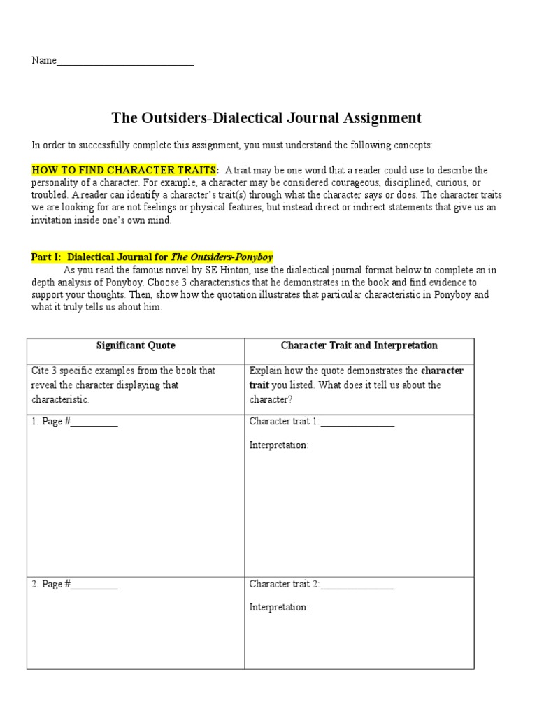 The Outsiders-Dialectical Journal Assignment | PDF | Novels | Psychology