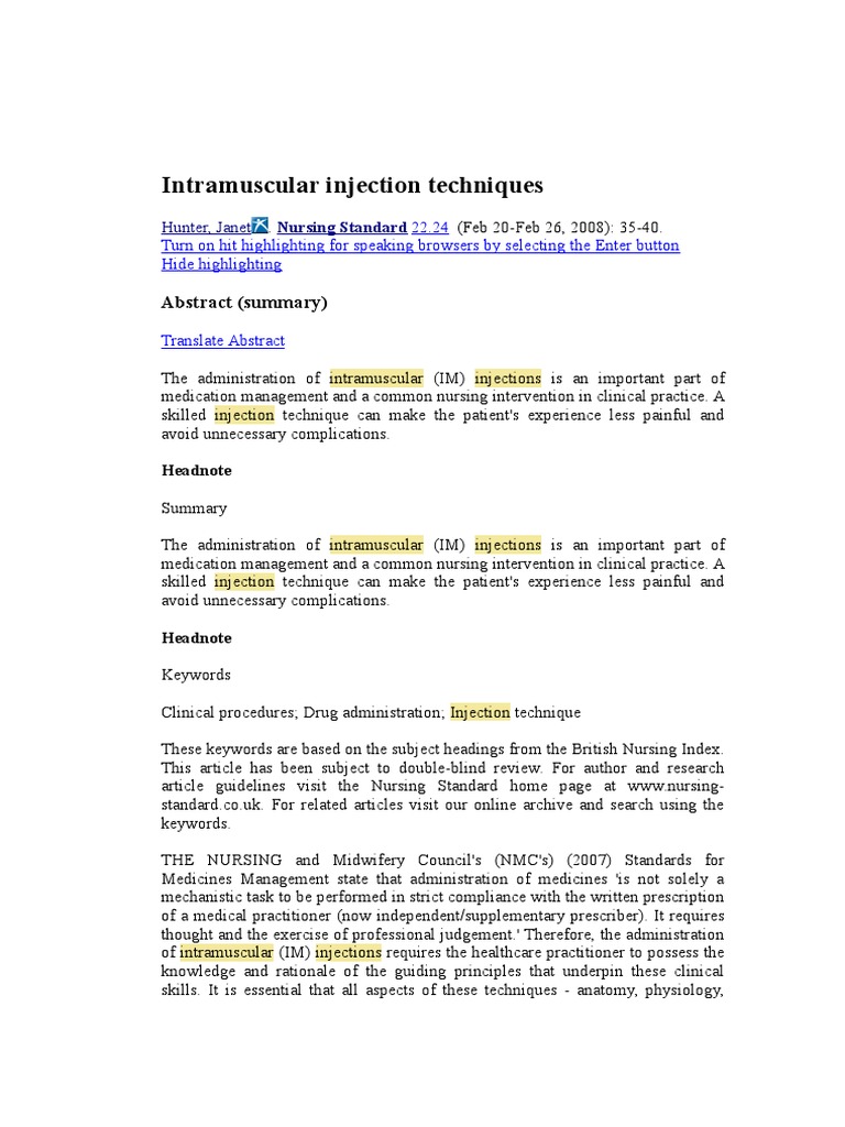 Intramuscular Injection TechniquesJOURNAL | Download Free PDF ...