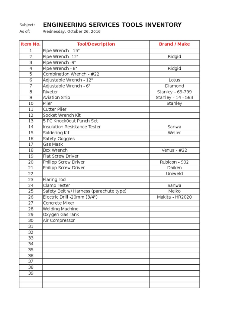 Engineering Services Tools Inventory: Item No. Tool/Description Brand ...