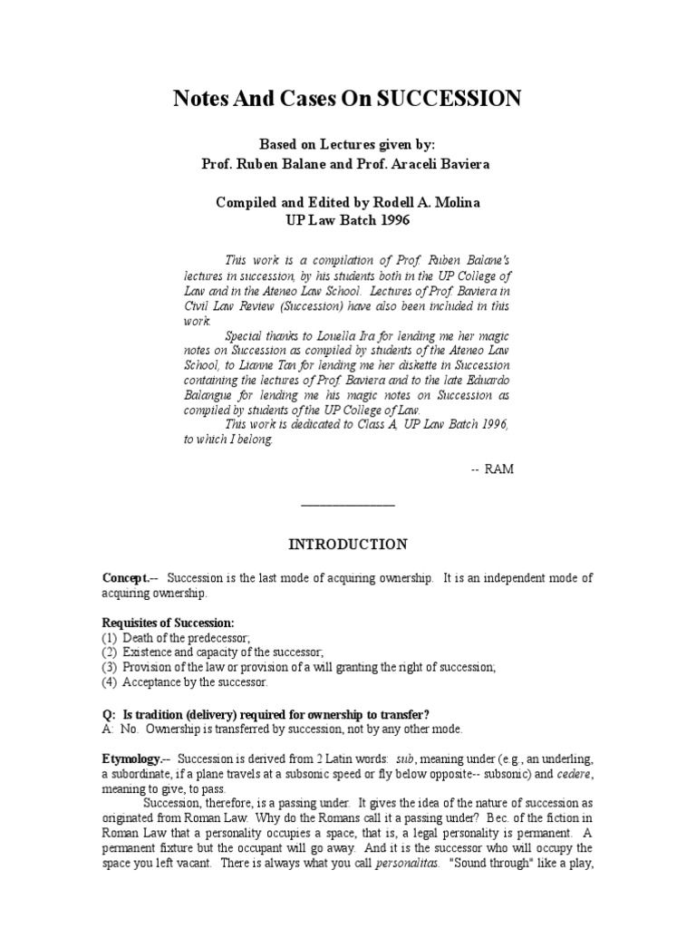 Notes and Cases On SUCCESSION | PDF