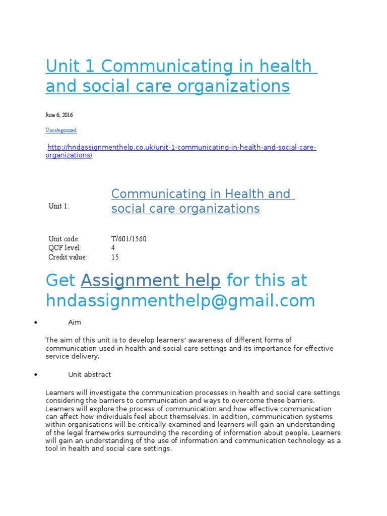 Unit 1 Communication in Health and Social Care | PDF | Educational ...