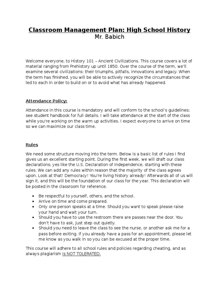 High School History Classroom Plan | PDF | Classroom Management ...