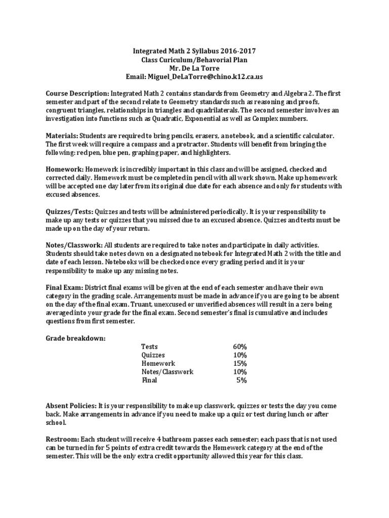 Integrated Math 2 Syllabus Compressed | PDF | Test (Assessment) | Classroom