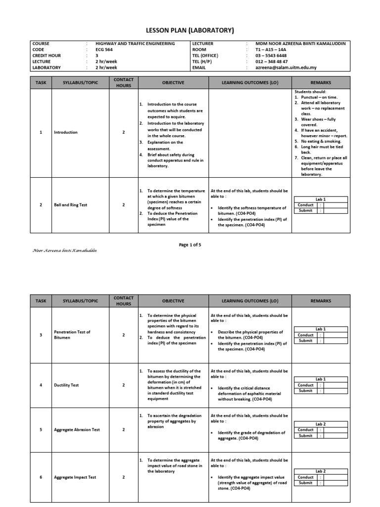TRAFFIC LAB LESSON PLAN | PDF | Laboratories | Ductility