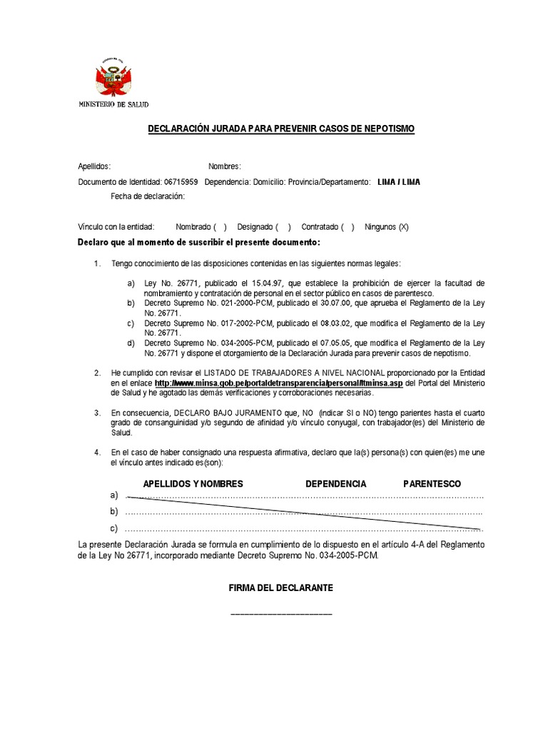 Declaracion Jurada Para Prevenir Casos de Nepotismo