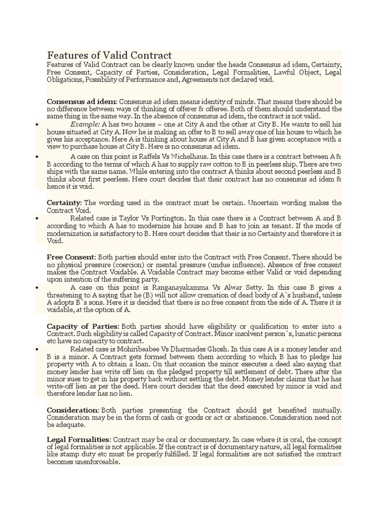 Key Features of Valid Contracts | PDF | Consideration | Private Law