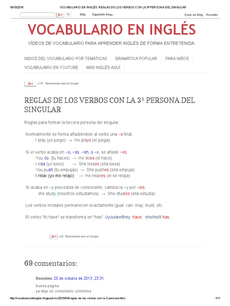 Vocabulario En Inglés Reglas De Los Verbos Con La 3 Persona Del