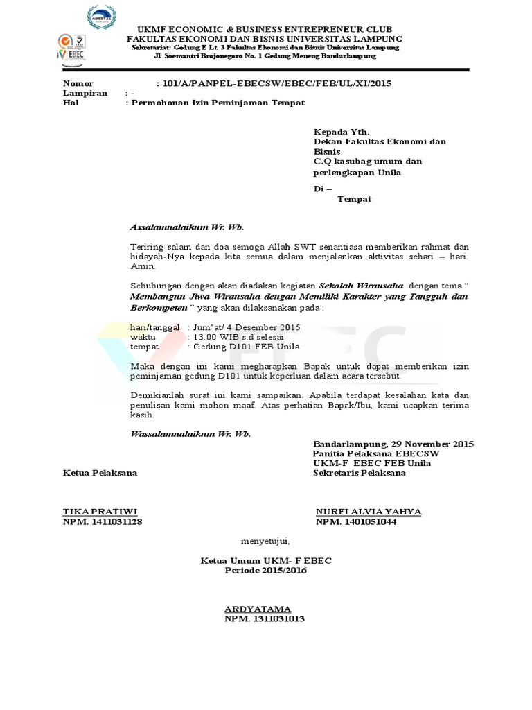 Contoh Surat Peminjaman Gedung | PDF