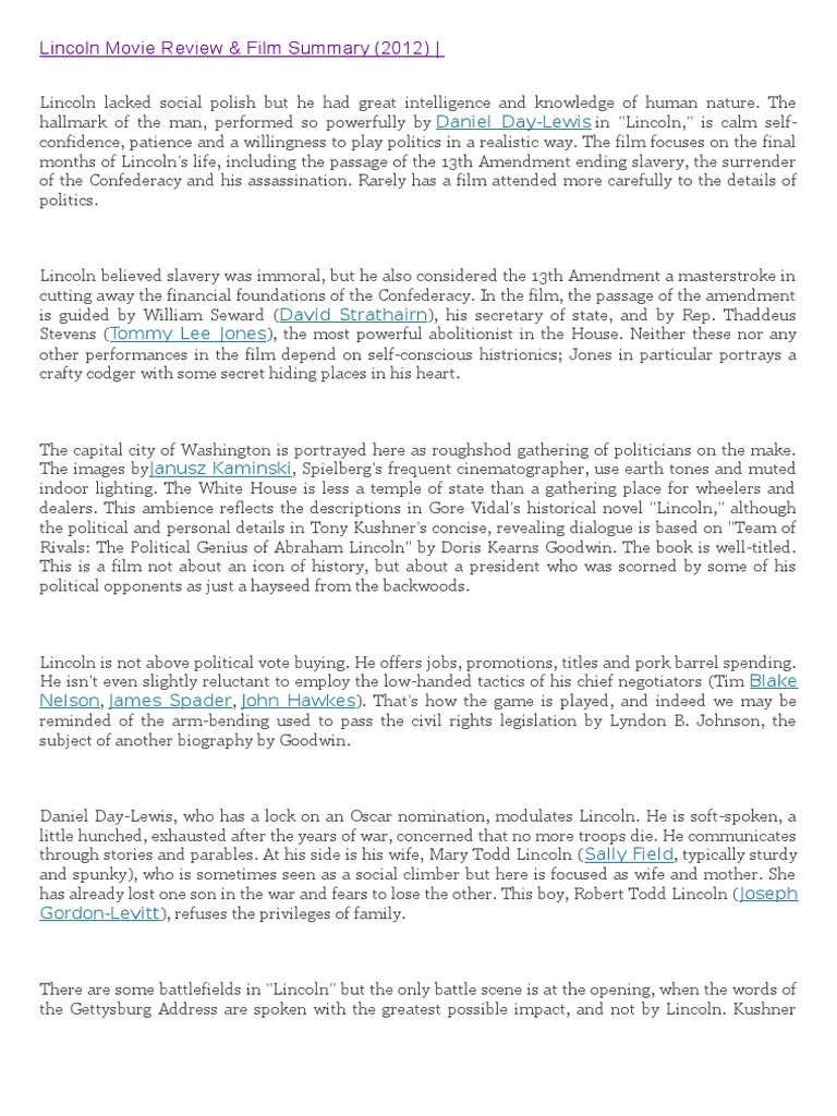 Lincoln Movie Review & Film Summary (2012) - : Daniel Day-Lewis | PDF ...