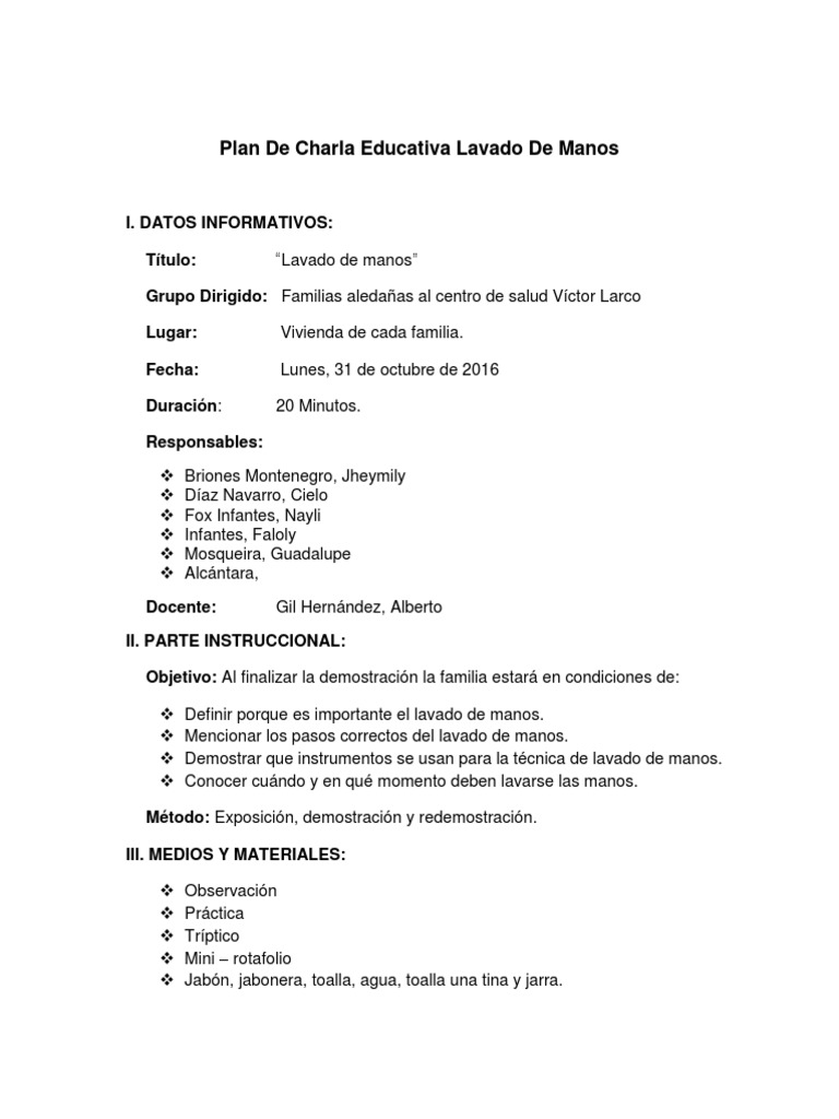 Plan de Charla - Lavado de Manos | PDF | Lavado de manos | Salud pública