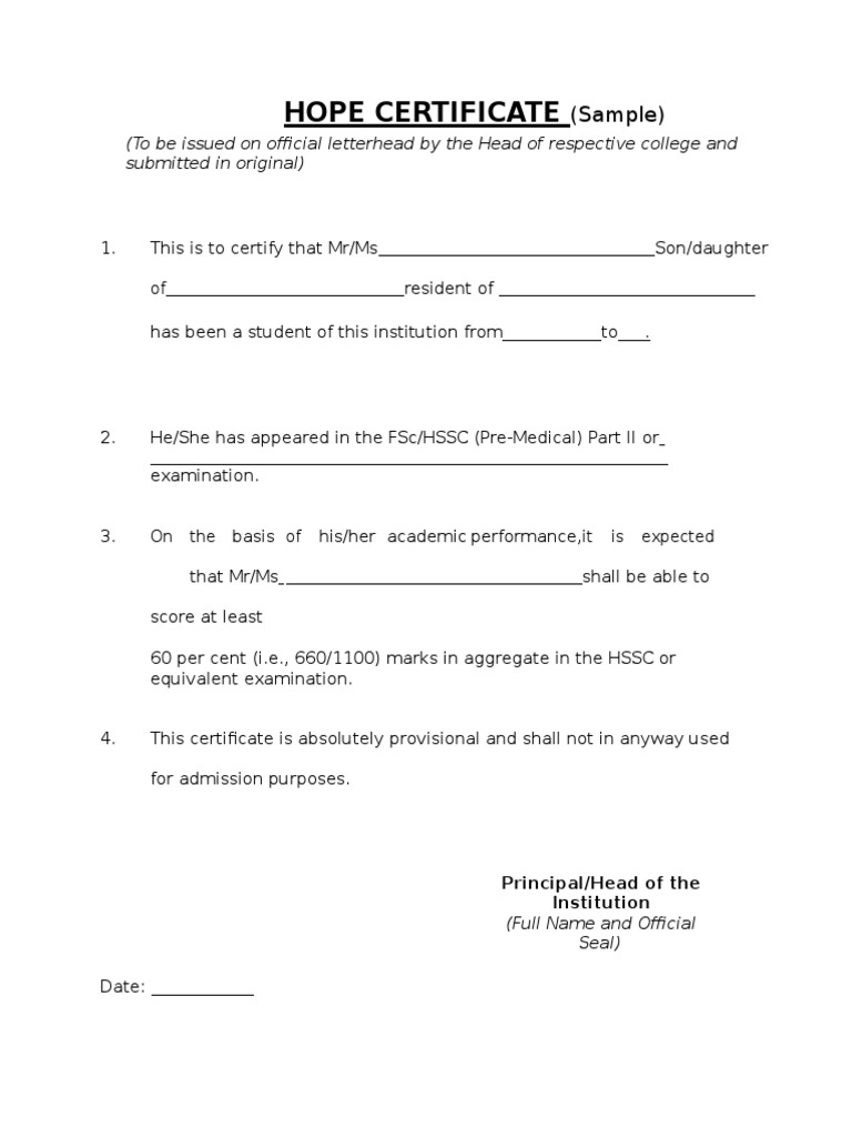 Hope Certificate: (To Be Issued On Official Letterhead by The Head of Respective College and ...