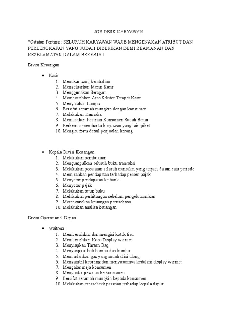 Job Desk Karyawan | PDF | Pengelolaan Keuangan & Uang | Memasak ...