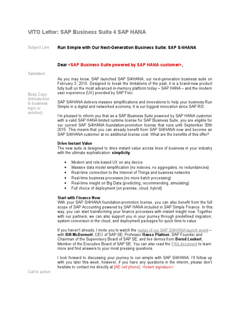 BV - Clean - VITO Letter - S4HANA For SAP Business Suite Powered by SAP ...
