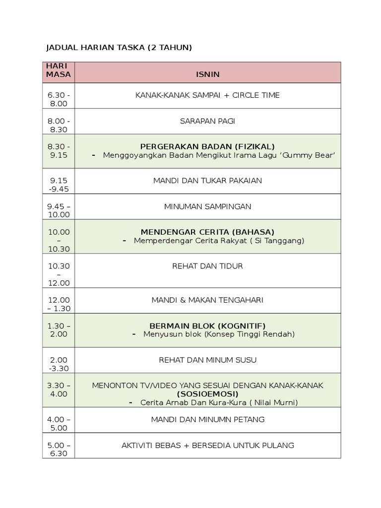 Jadual Harian Taska | PDF