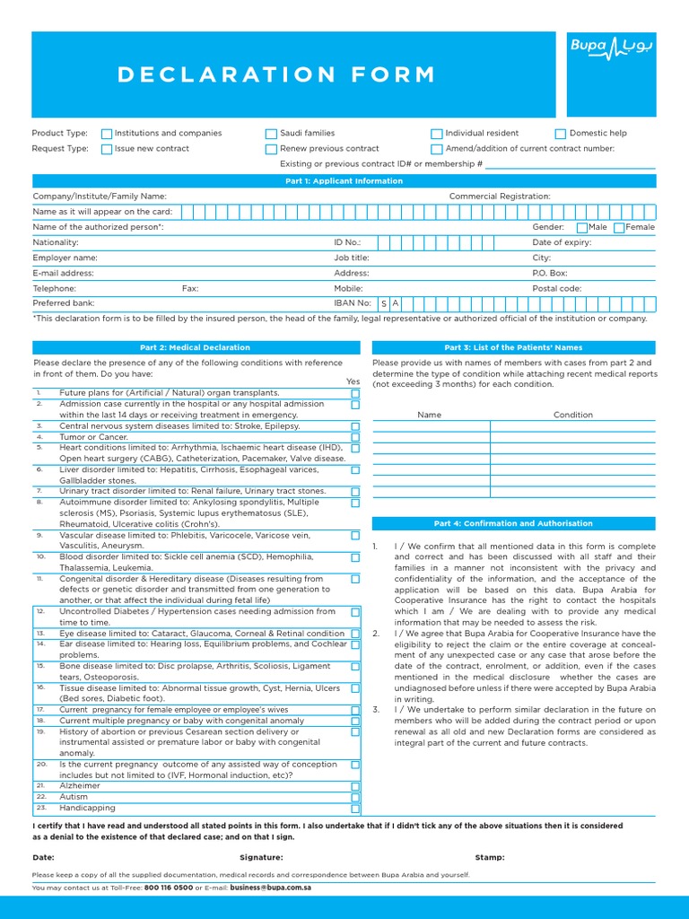 Bupa Arabia Medical Declaration Form | PDF | Congenital Disorder ...