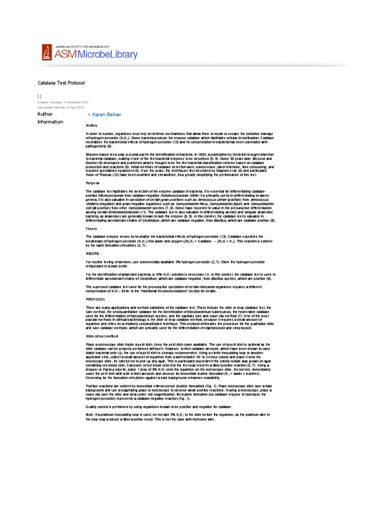 Catalase Test Protocol - Library | PDF | Catalase | Hydrogen Peroxide