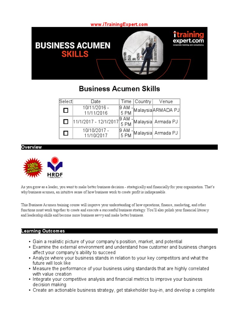 Business Acumen Skills PDF | PDF | Strategic Management | Performance Indicator