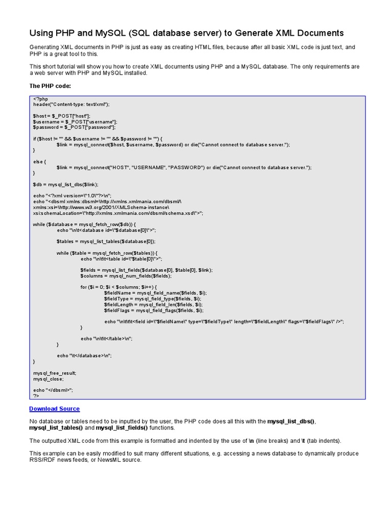 Using PHP and Mysql SQL Database Server To Generate XML Documents | PDF