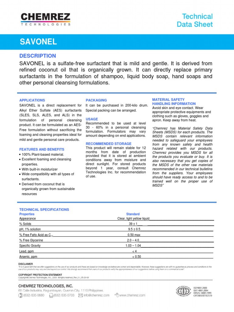 TDS Savonel | PDF | Surfactant | Chemical Substances