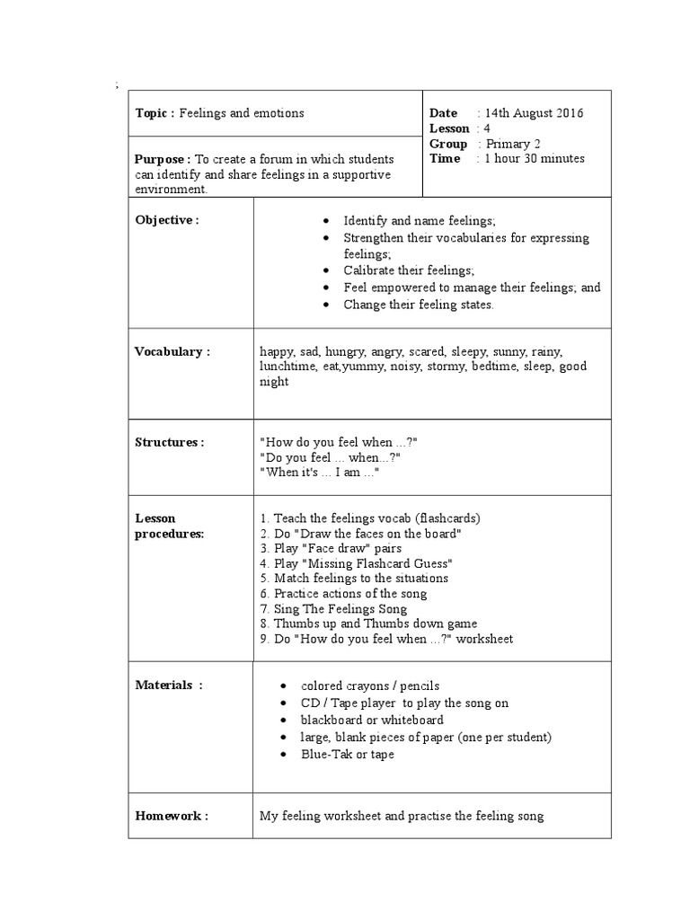 Feeling Lesson Plan For Cambridge | PDF | Language Arts & Discipline